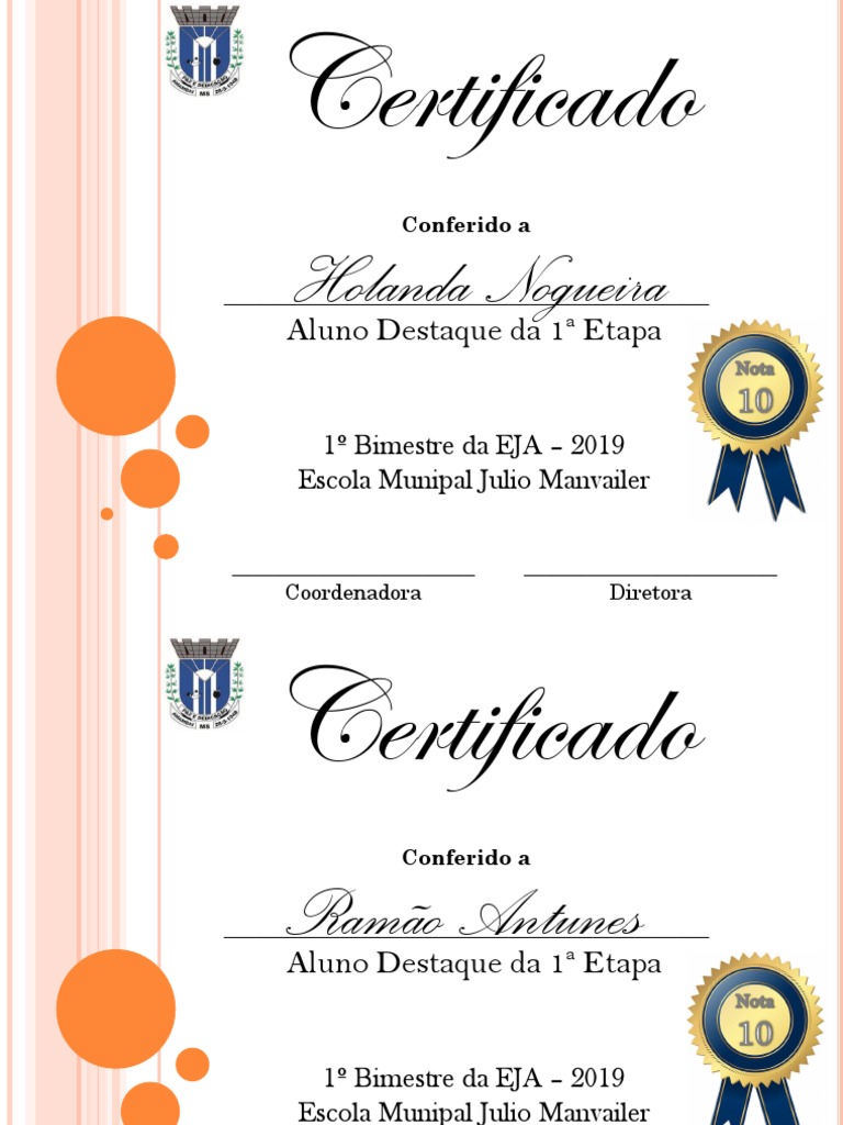 Certificado Aluno Destaque 1º Bimestre EJA | PDF