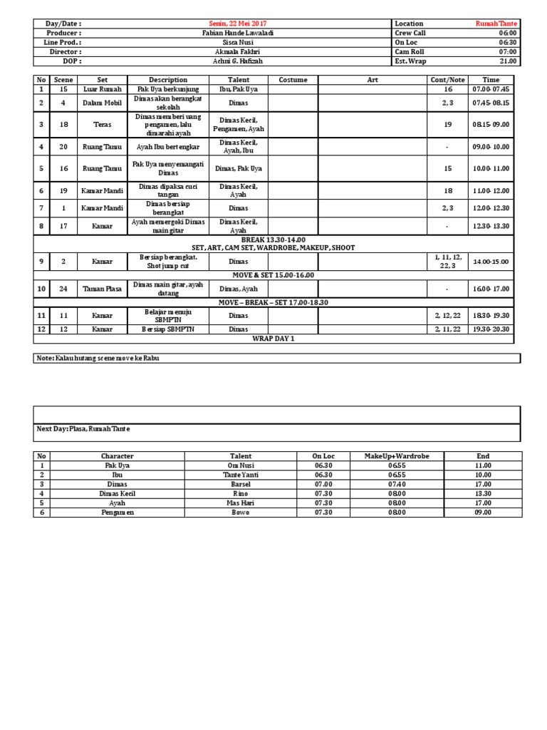 Contoh Call Sheet Produksi Film (Versi Simple) | PDF