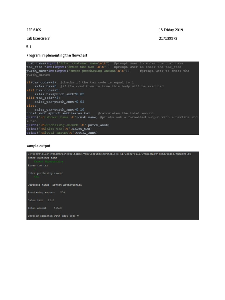 PFE 610S 15 Friday 2019 Lab Exercise 3 217139973 5.1 Program Implementing The Flowchart | PDF ...