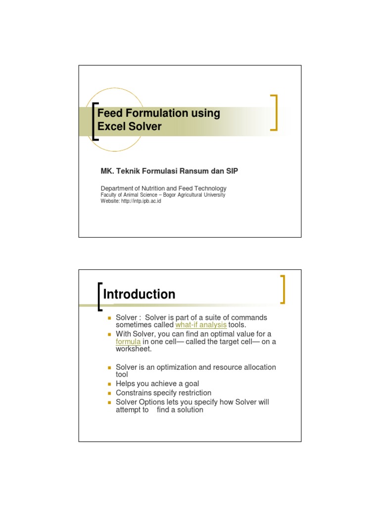 Feed Formulation Using Excel Solver: MK. Teknik Formulasi Ransum Dan ...
