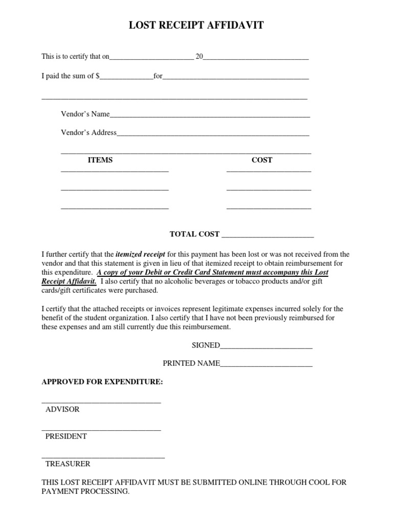 Lost Receipt Affidavit | PDF