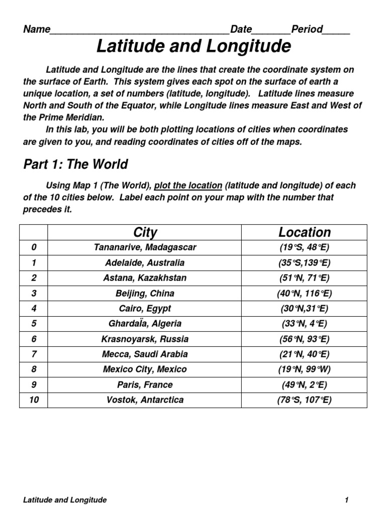 Latitude and Longitude Worksheet World | PDF | Longitude | Latitude