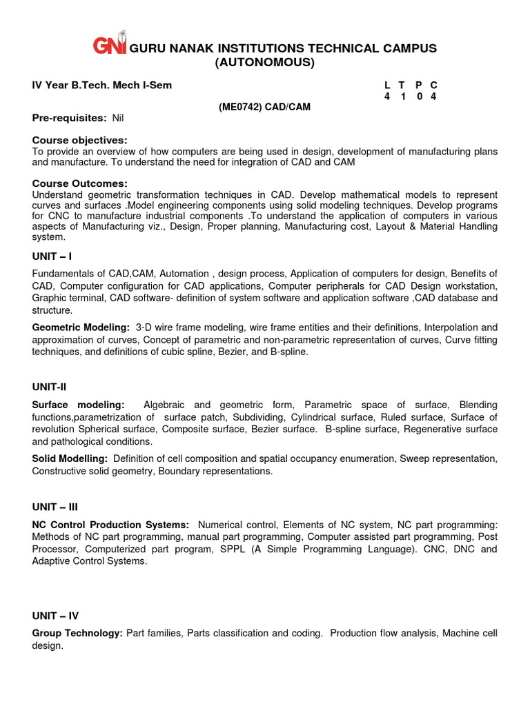r16 Cad Cam Syllabus | PDF | Computer Aided Design | Numerical Control