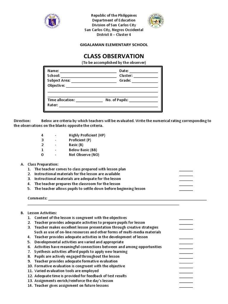 Classroom Observation Tool | PDF | Teachers | Classroom Management