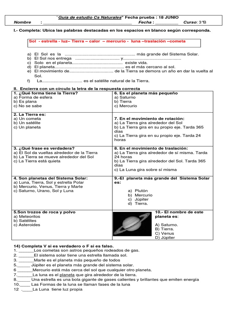 Prueba Diagnostica Sistema Solar | PDF | Luna | Sistema solar