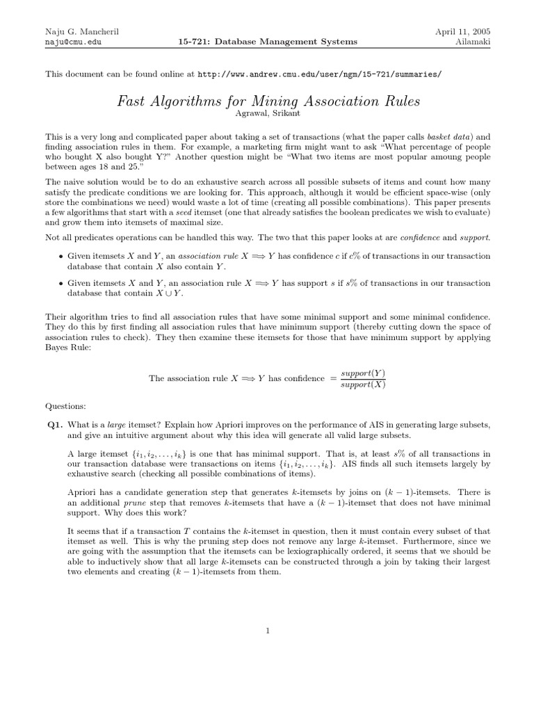 Fast Algorithms For Mining Association Rules | PDF | Data | Mathematical Logic