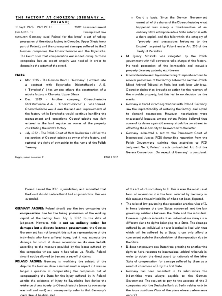 The Factory at Chorzow (Germany V. Poland) : Topic | PDF | Restitution ...