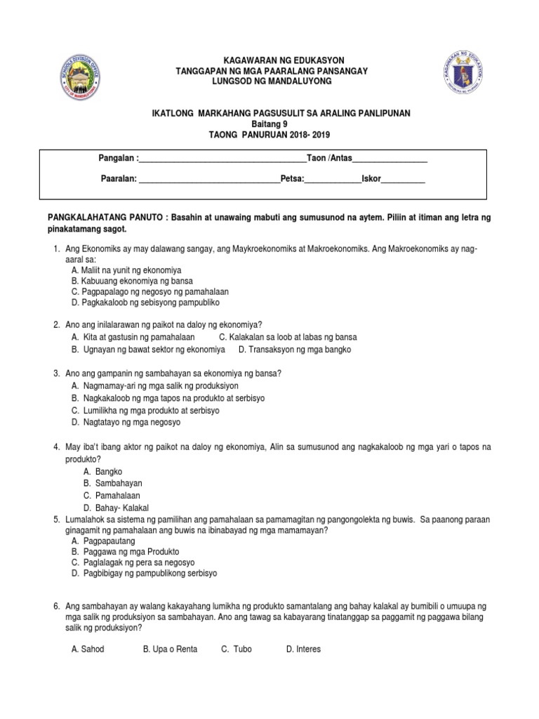 Ikatlong Markahang Pagsusulit Grade 9 2018.docx For Printing | PDF