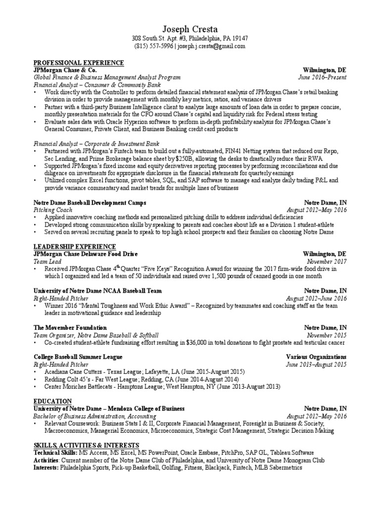 Joseph Cresta Resume | PDF | Financial Analyst | Jp Morgan Chase