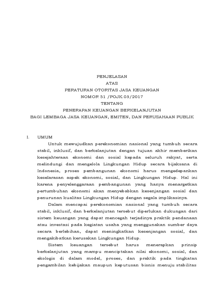 SAL Penjelasan POJK 51 - Keuangan Berkelanjutan | PDF