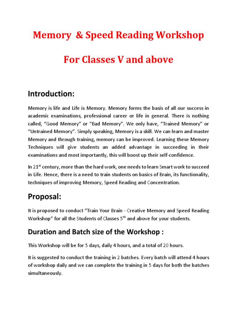 Workshop | PDF | Speed Reading | Memory