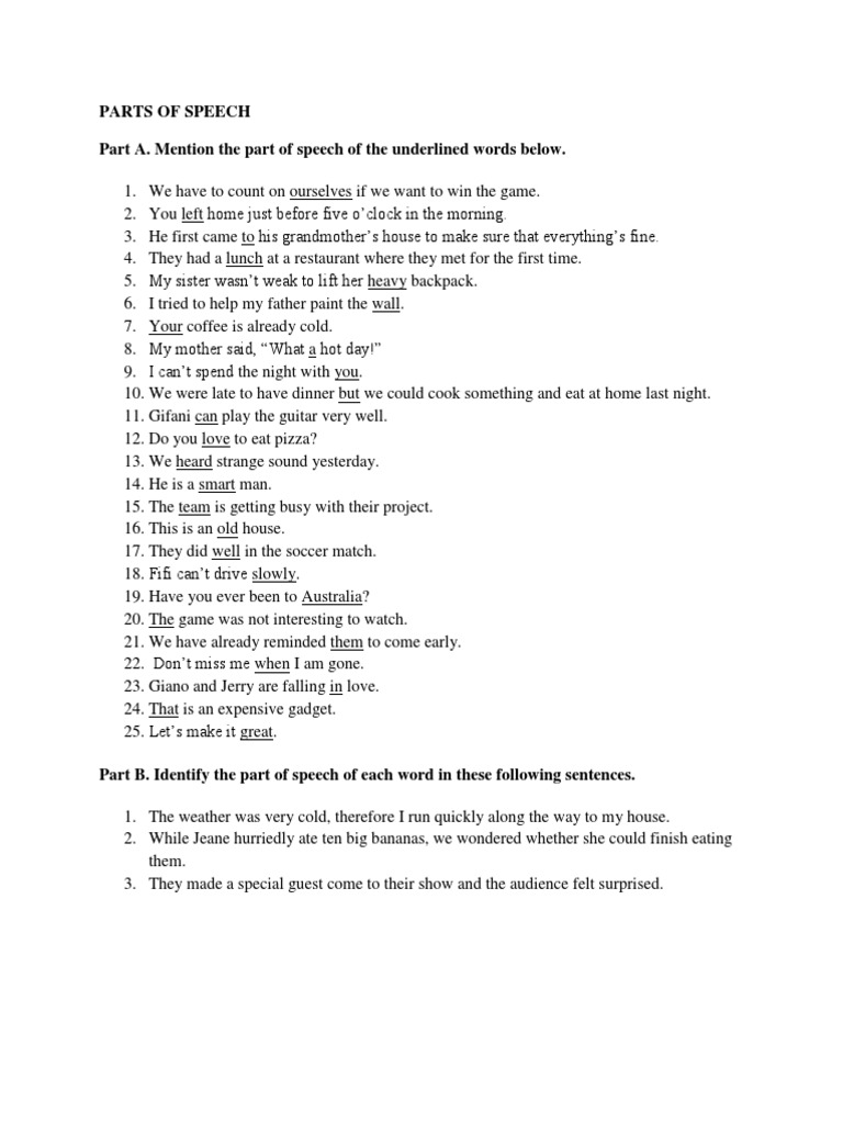 Parts of Speech Test | PDF