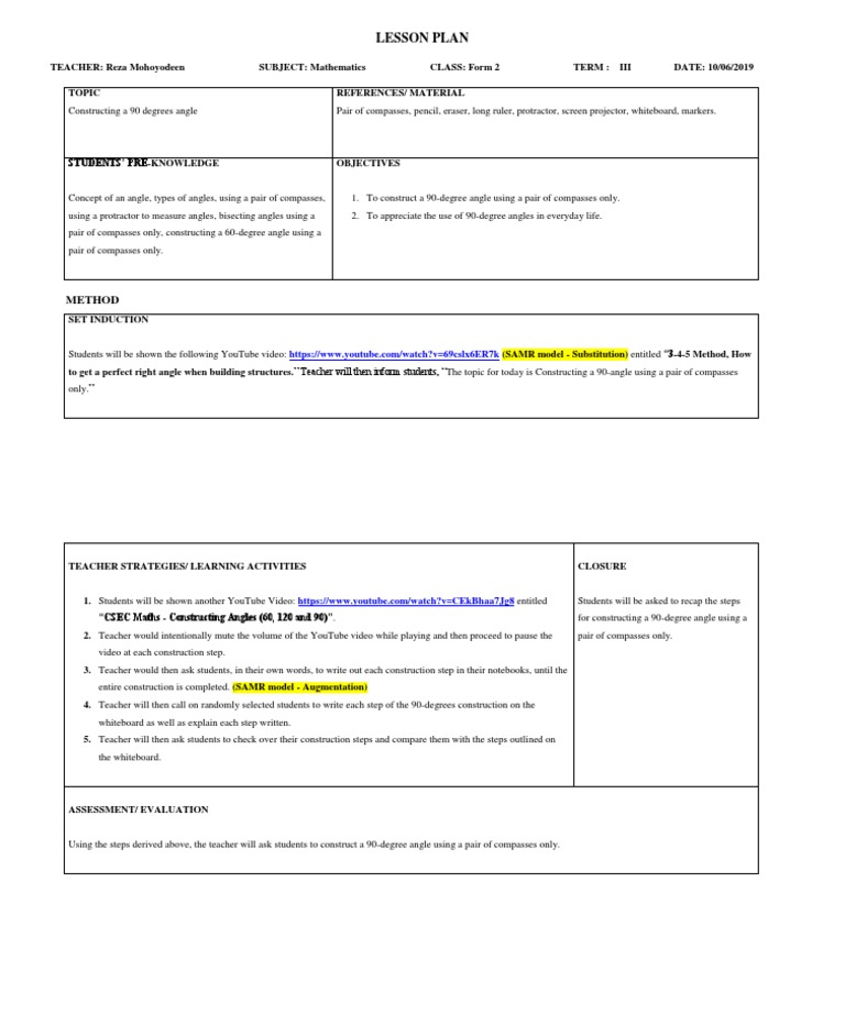 Lesson Plan Involving The Samr Model | PDF | Angle | Compass