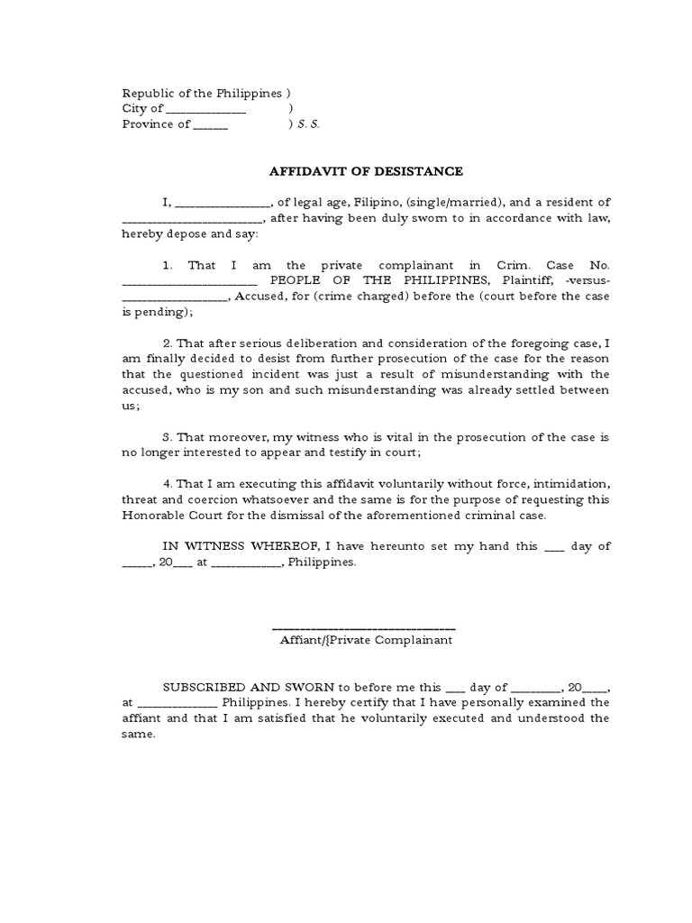 Affidavit of Desistance Sample Template | PDF