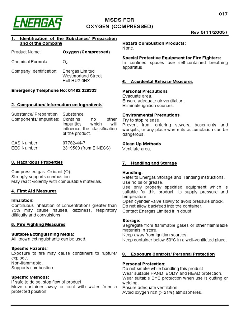 Msds For Oxygen (Compressed) | PDF | Oxygen | Combustion