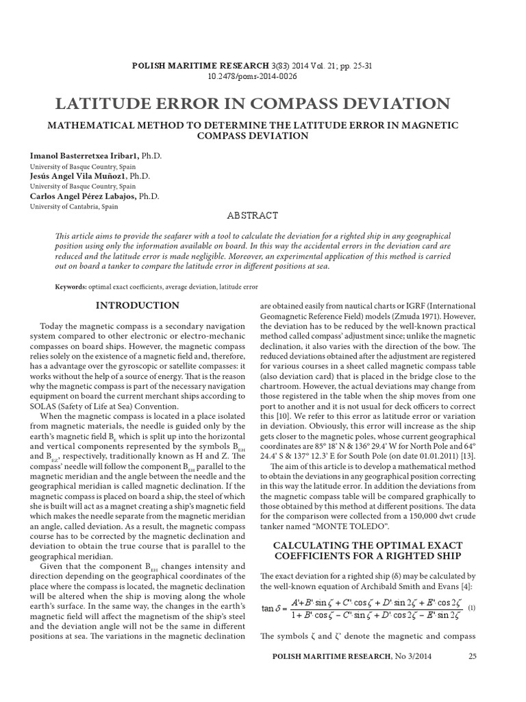 Mathematical Method To Determine The Latitude Error in Magnetic Compass ...