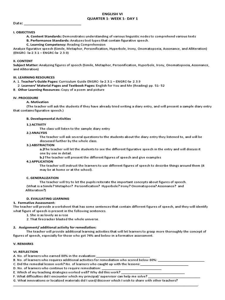 Grade 6 Figures of Speech Lesson Plan | PDF | Reading Comprehension ...
