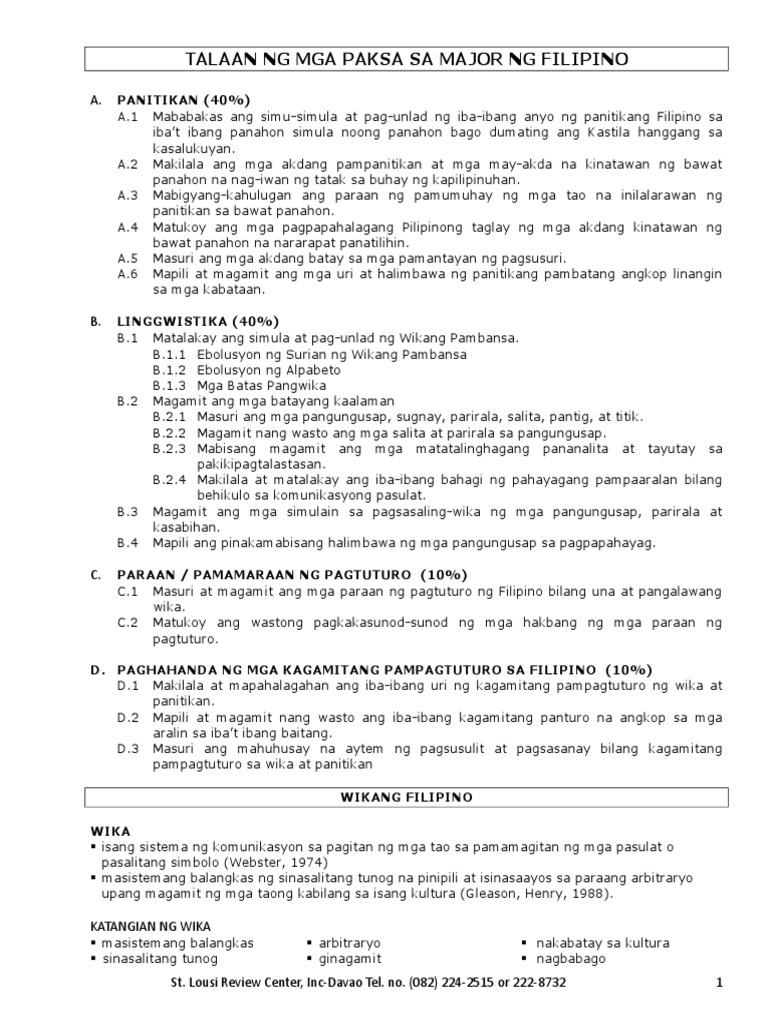 Talaan Ng Mga Paksa Sa Major Ng Filipino (1)