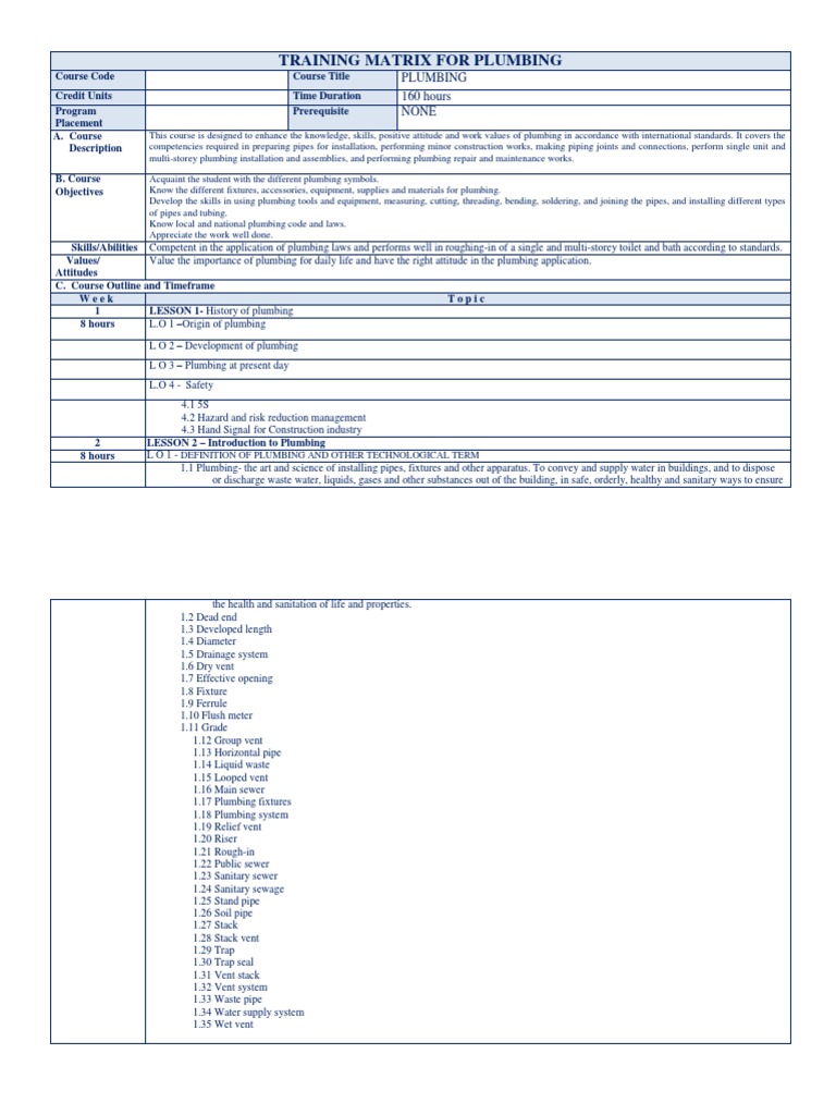 Training Matrix For Plumbing | PDF | Plumbing | Pipe (Fluid Conveyance)