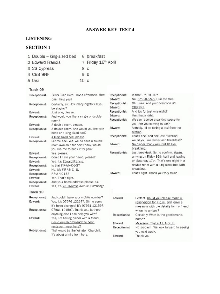 Answer Key Test 4 Listening Section 1 | PDF