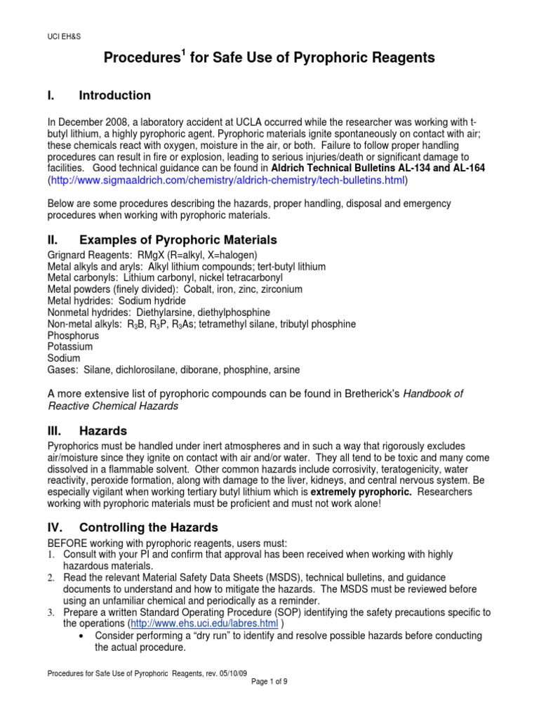 Safe Use Pyrophoric Reagents | PDF | Physical Sciences | Chemical ...