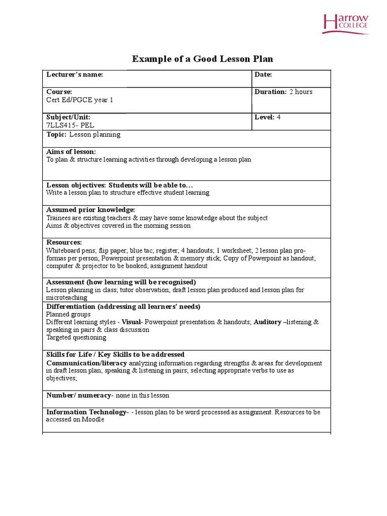 Planning Effective Lessons: A Sample Lesson Plan for Teaching Trainee ...