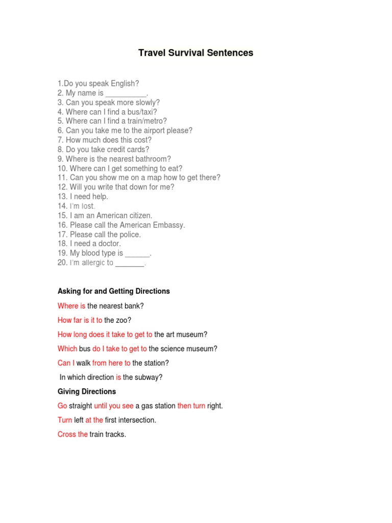 Travel Survival Sentences: Asking For and Getting Directions | PDF