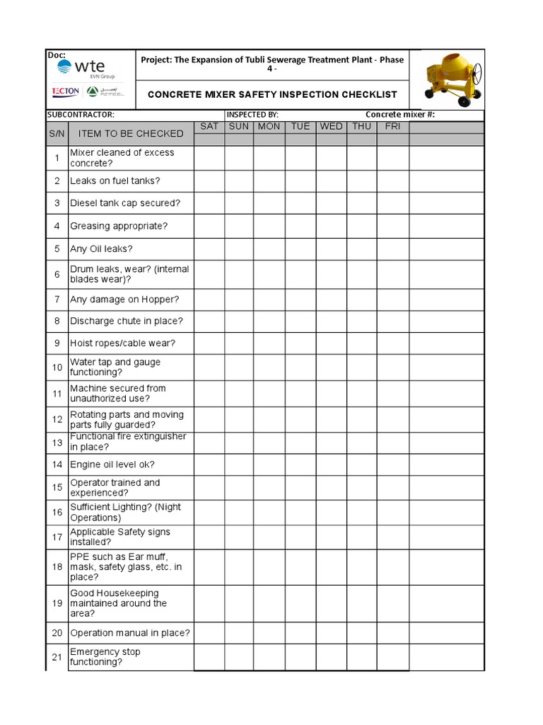 Concrete Mixer Machine Checklist Final | PDF