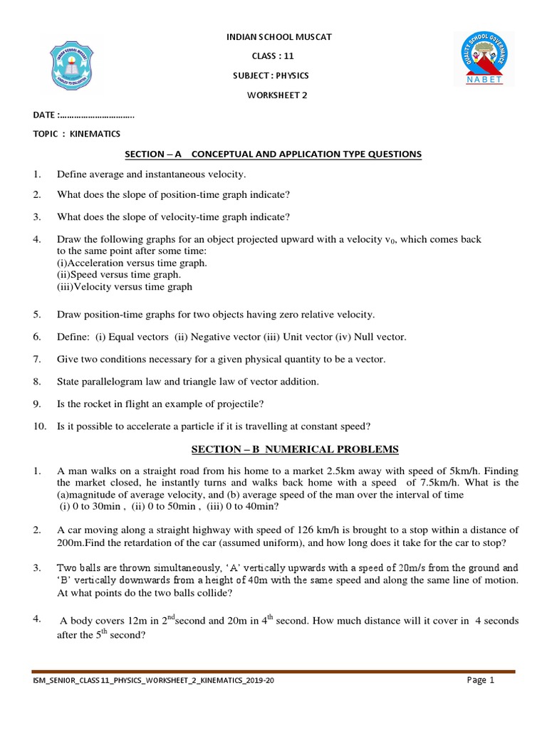 Class Xi Physics Kinematics Worksheet 2 2019-20 | PDF | Velocity ...