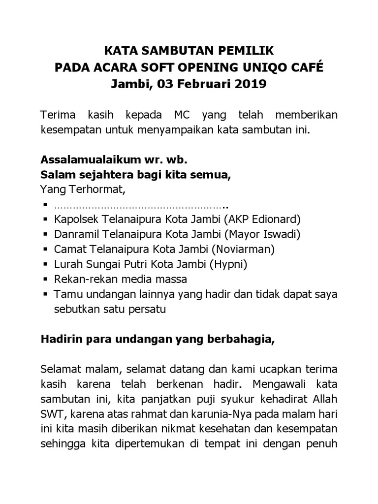 Kata Sambutan Pemilik Uniqo Cafe | PDF