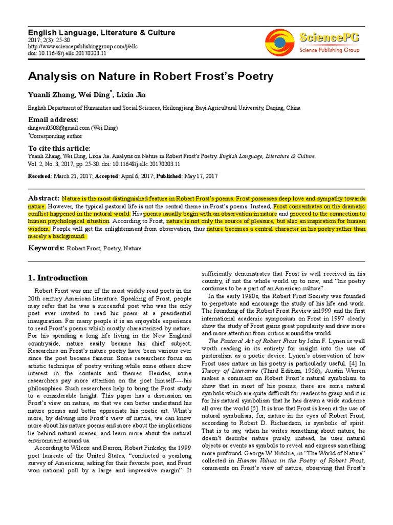 Analysis of Robert Frost's Use of Nature as a Symbol for Human ...