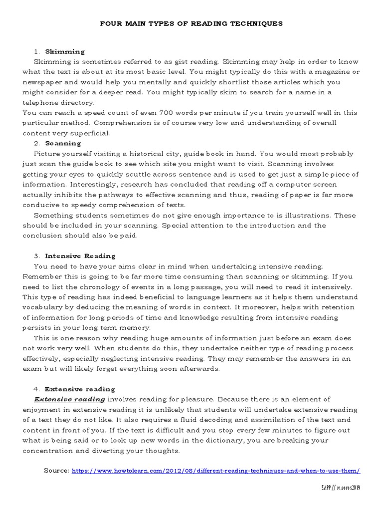 Four Main Types of Reading Techniques | PDF | Speed Reading | Reading Comprehension