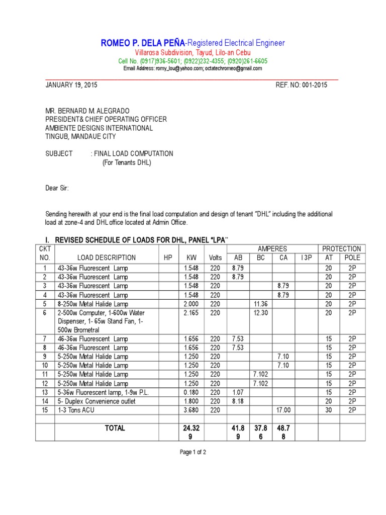 DHL Revised Electrical Load | PDF | Electrical Engineering | Components