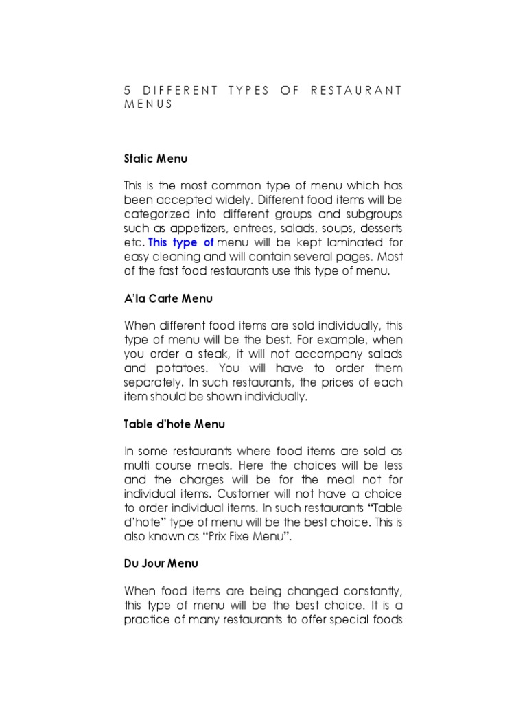 5 Different Types of Restaurant Menus | PDF