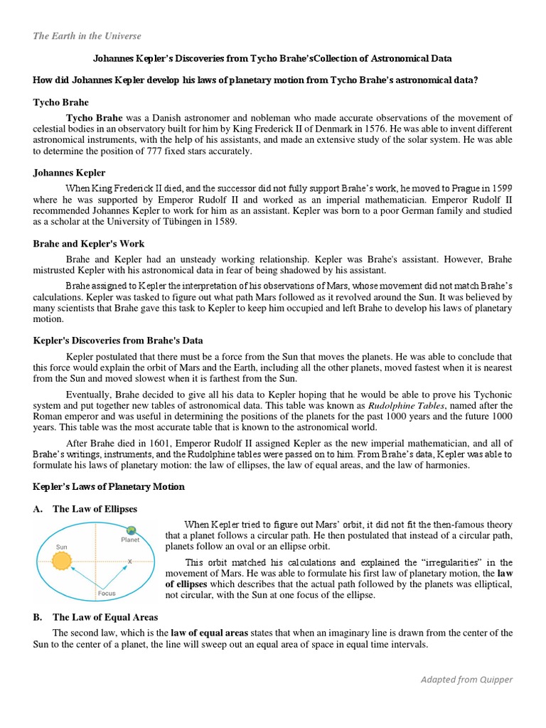 Lesson 9 Johannes Keplers Discoveries From Tycho Brahes Collection of ...