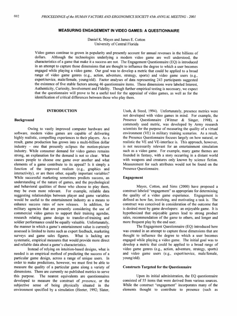 2001 Measuring Engagement in Video Games - A Questionnaire | PDF ...