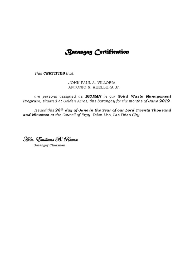 Barangay Certification for Waste Management | PDF