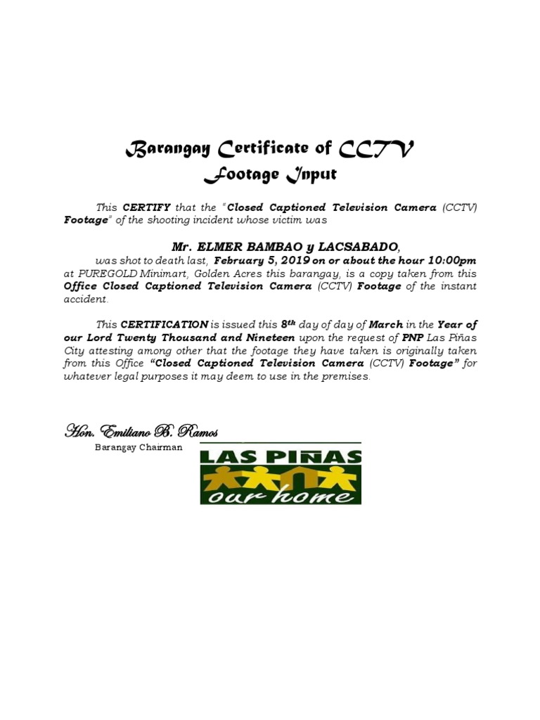 CCTV Footage Certificate for Murder Victim Elmer Bamba | PDF