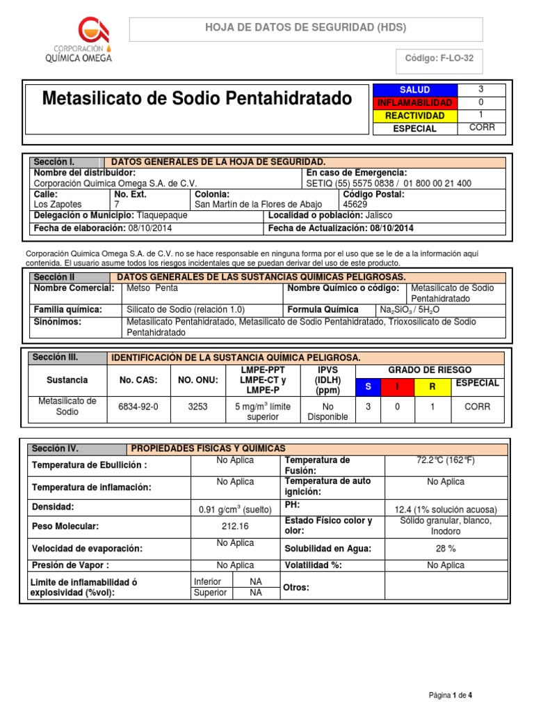 Metasilicatos de Sodio | PDF | Tos | Oxígeno