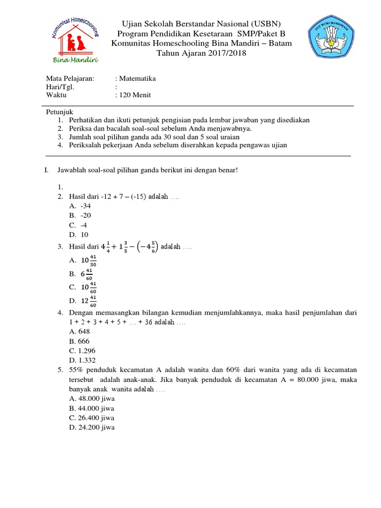 Format Soal Ujian Sekolah Berstandar Nasional 2018 MAPEL MATEMATIKA SMP ...