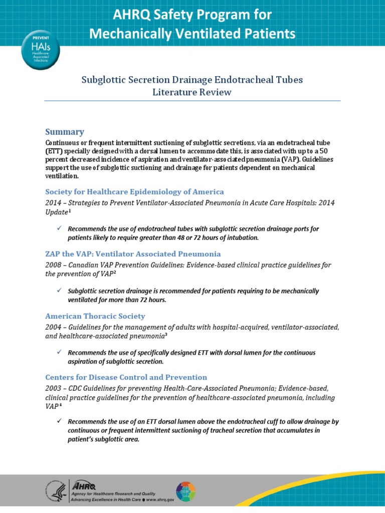 Subglottic Secretion Drainage Endotracheal Tubes Literature Review ...
