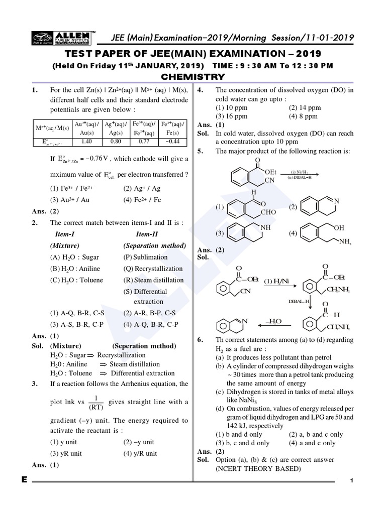 Allen: Test Paper of Jee (Main) Examination - 2019 | PDF | Hydroxide ...
