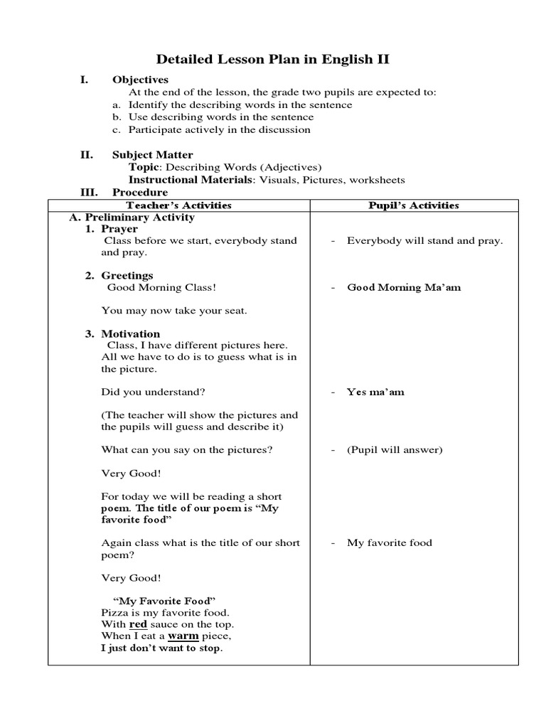 Grade 2 Adjective Lesson Plan | PDF | Lesson Plan | Communication
