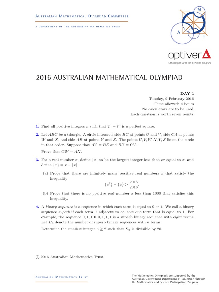 2016 AMO Paper and Solutions | PDF | Sequence | Perpendicular