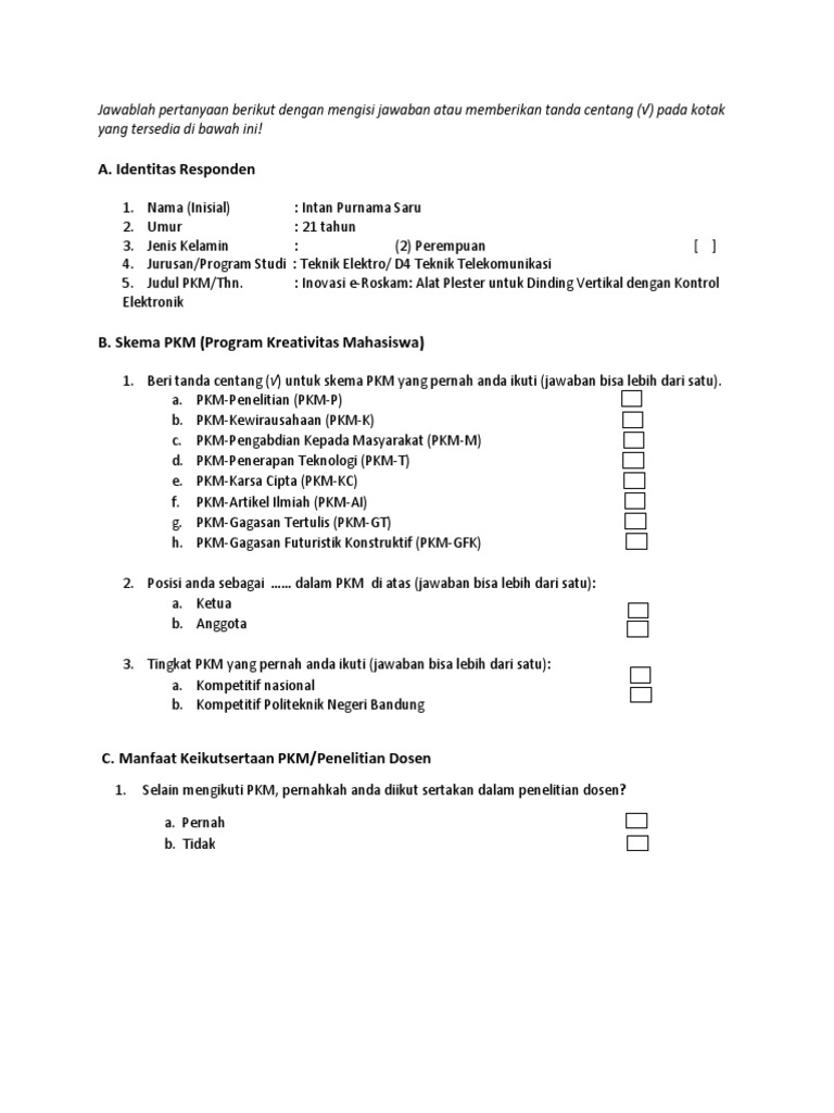 Contoh Kuisioner PKM | PDF
