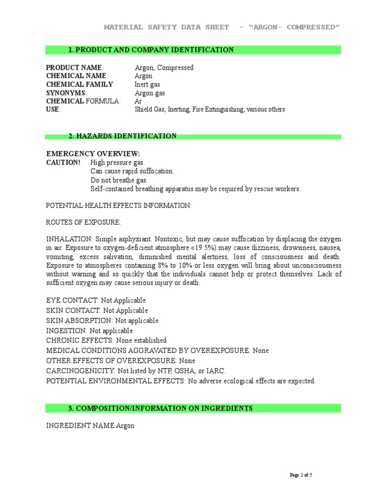 MSDS Argon Compressed Gas | PDF | Safety | Gases