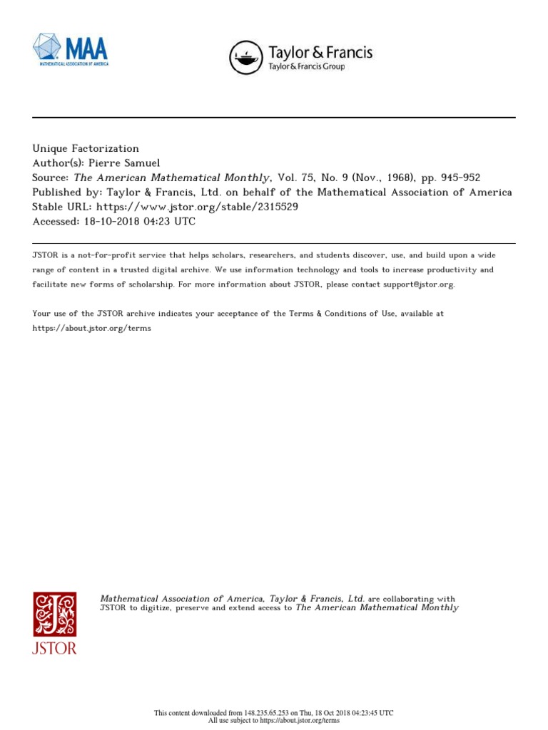 Samuel Unique Factorization | PDF | Ring (Mathematics) | Integer