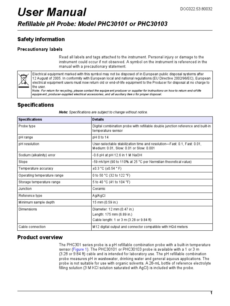 Refillable PH Probe: Model PHC30101 or PHC30103: Safety Information ...