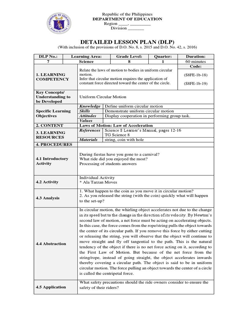Detailed Lesson Plan (DLP) | PDF | Acceleration | Force