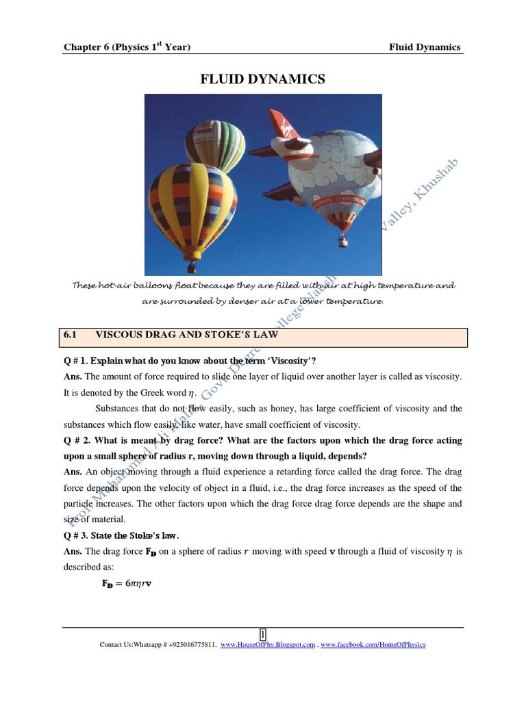 Fluid Dynamics Chapter Summary | PDF | Drag (Physics) | Fluid Dynamics